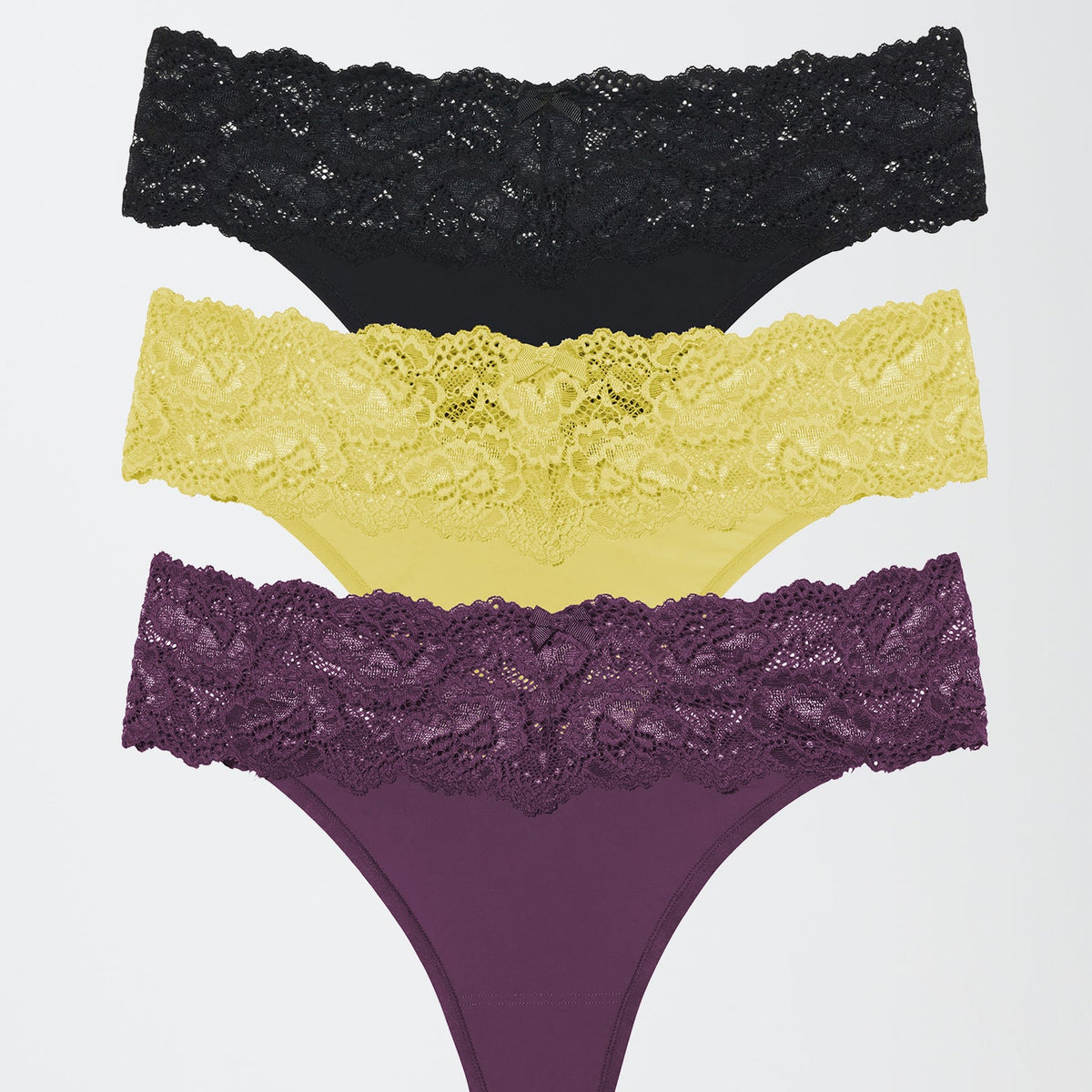 Goddess Lace Trim Thong 3-Pack - FINAL SALE - Black/Canary/Majestic ...